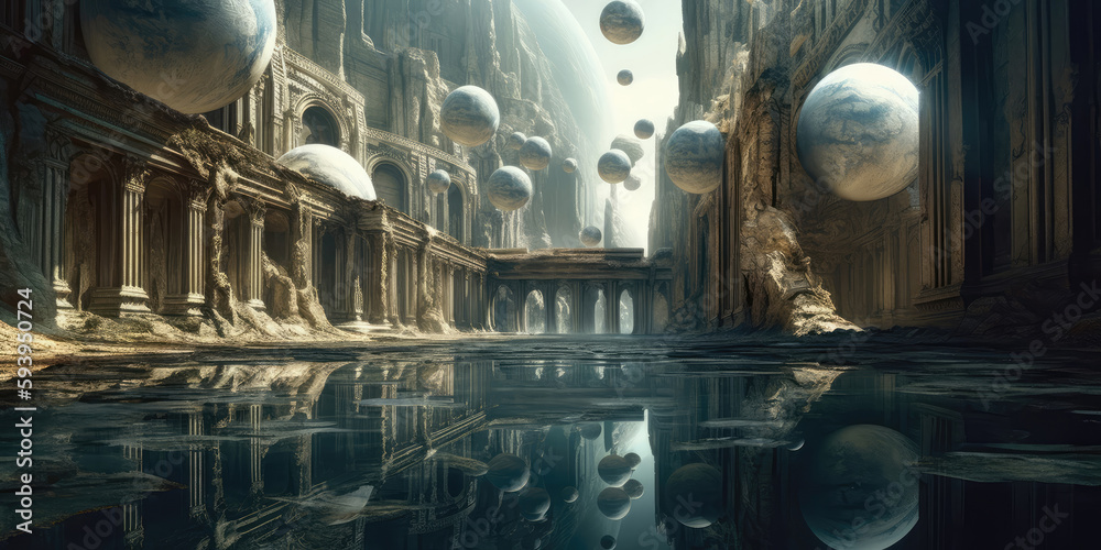 Fantastic and majestic ancient ruins with drifting spheres, digital ...