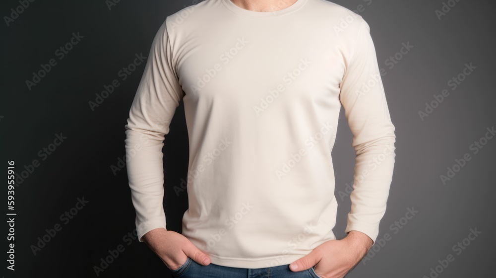 White man model wearing a plain beige long sleeve t-shirt, isolated on ...