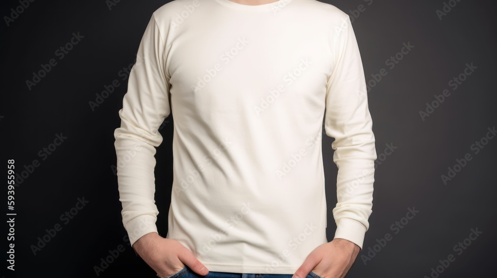 White man model wearing a plain white long sleeve t-shirt, isolated on ...