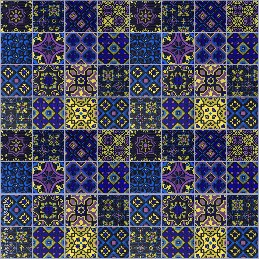 Old colorful seamless flowers leaves vintage geometric shabby mosaic ...