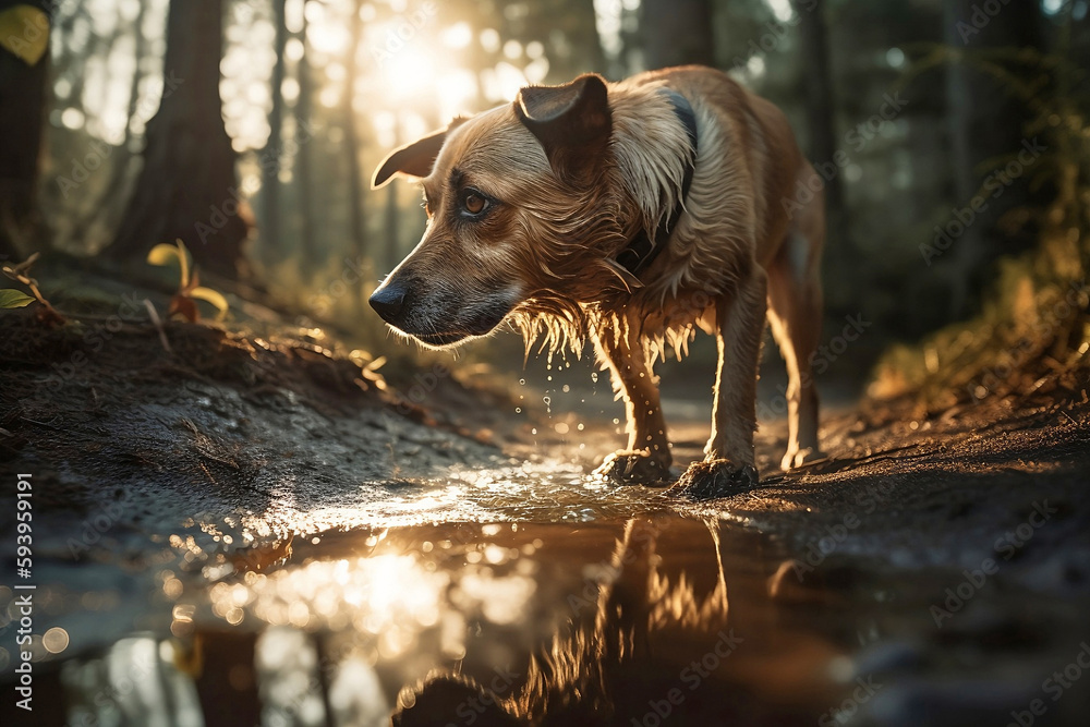 Dog standing in front of water puddle in forest. Concept for ...