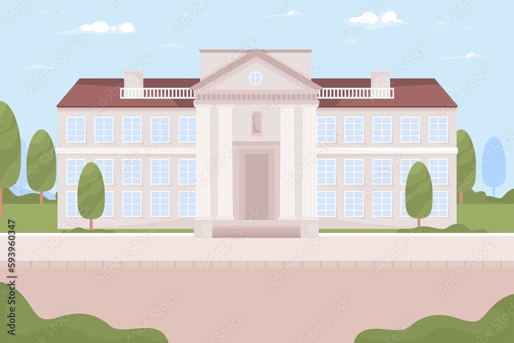 University building with classic columns flat color raster illustration ...