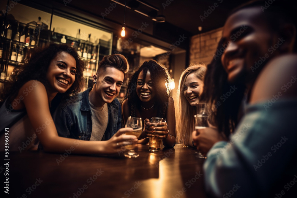 Diverse group of young people of different races hanging out in a bar ...