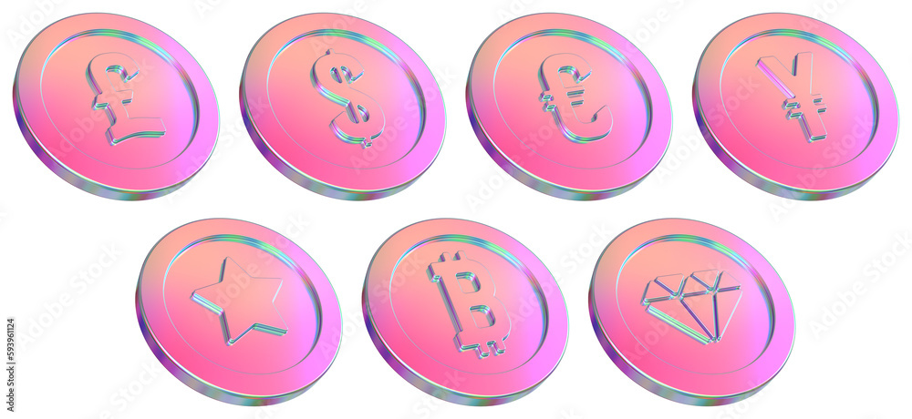 Coins with currencies symbols. Iridescent color elements for currency ...