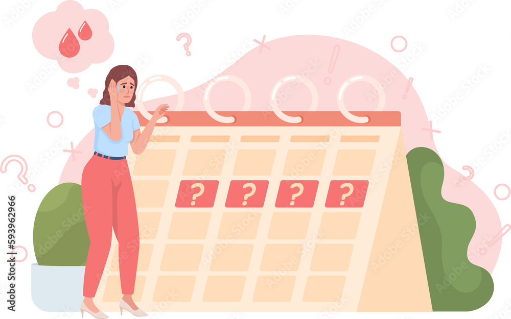 Irregular periods 2D raster isolated illustration. Worried lady flat ...