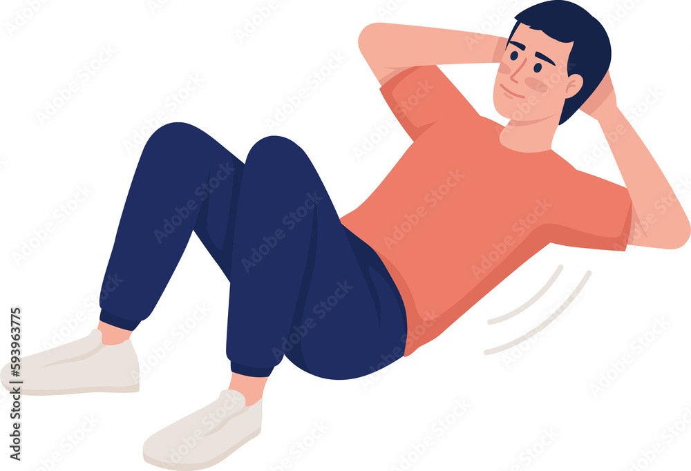 Man strengthening abdominal muscles with exercise semi flat color ...