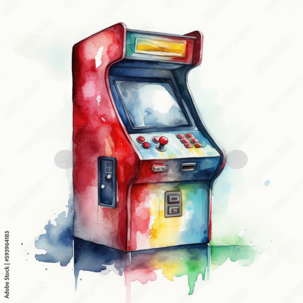Watercolor Arcade Game on White Background - Gaming Art - Invitation ...