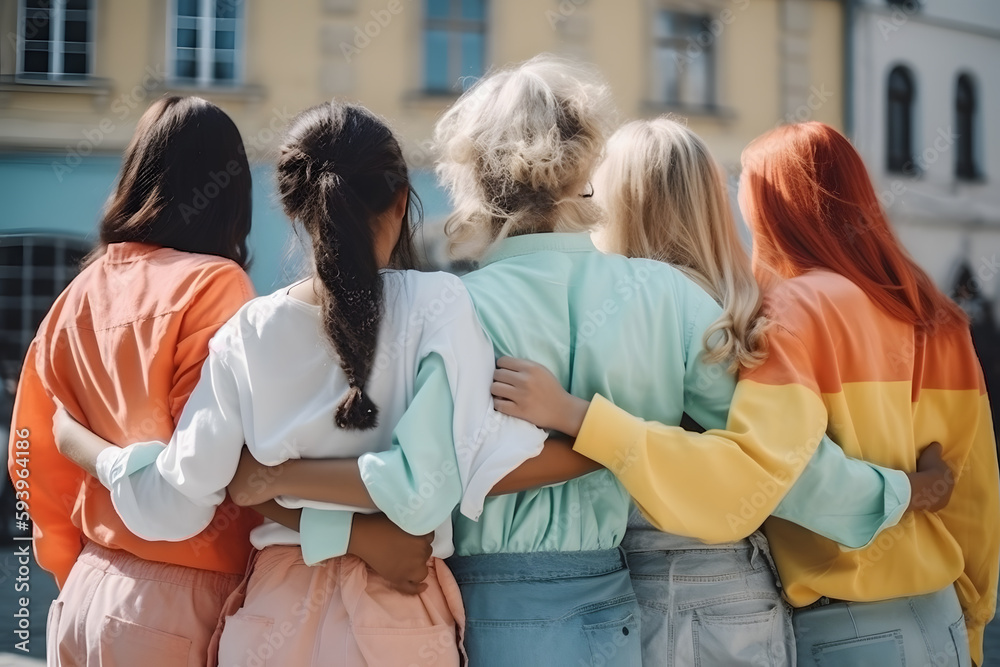 Stockillustratie group of people of diverse races, wearing vivid ...