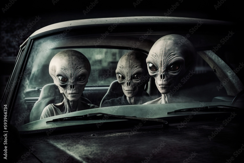 Generative AI illustration of extraterrestrial aliens in car looking ...