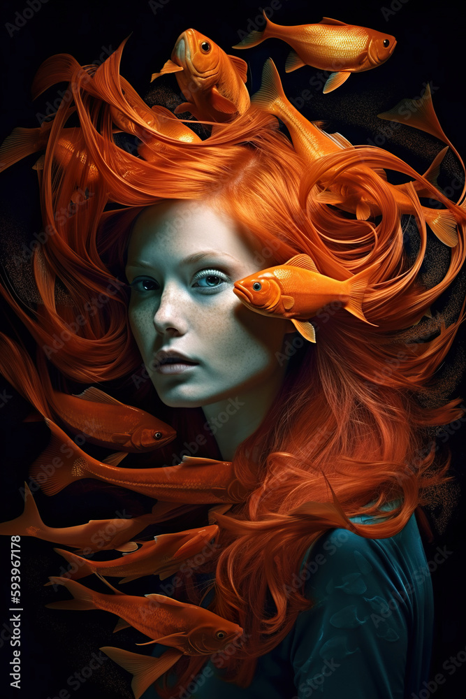 Beautiful woman spirit with long ginger hair like sea weed with many ...