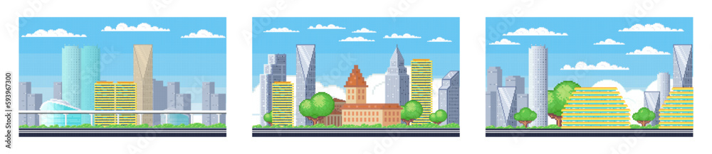 Pixel art landscape. Urban street view, 8 bit city park road, with ...