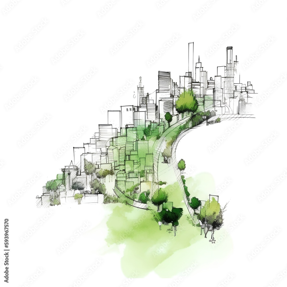 A sketch of an isolated green buildings promoting walkability and clean ...