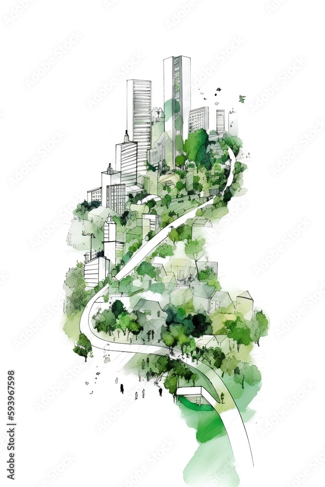 A sketch of an isolated green buildings promoting walkability and clean ...