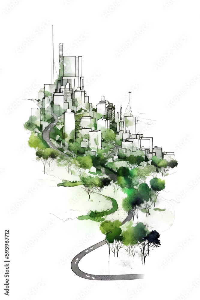 A sketch of an isolated green buildings promoting walkability and clean ...