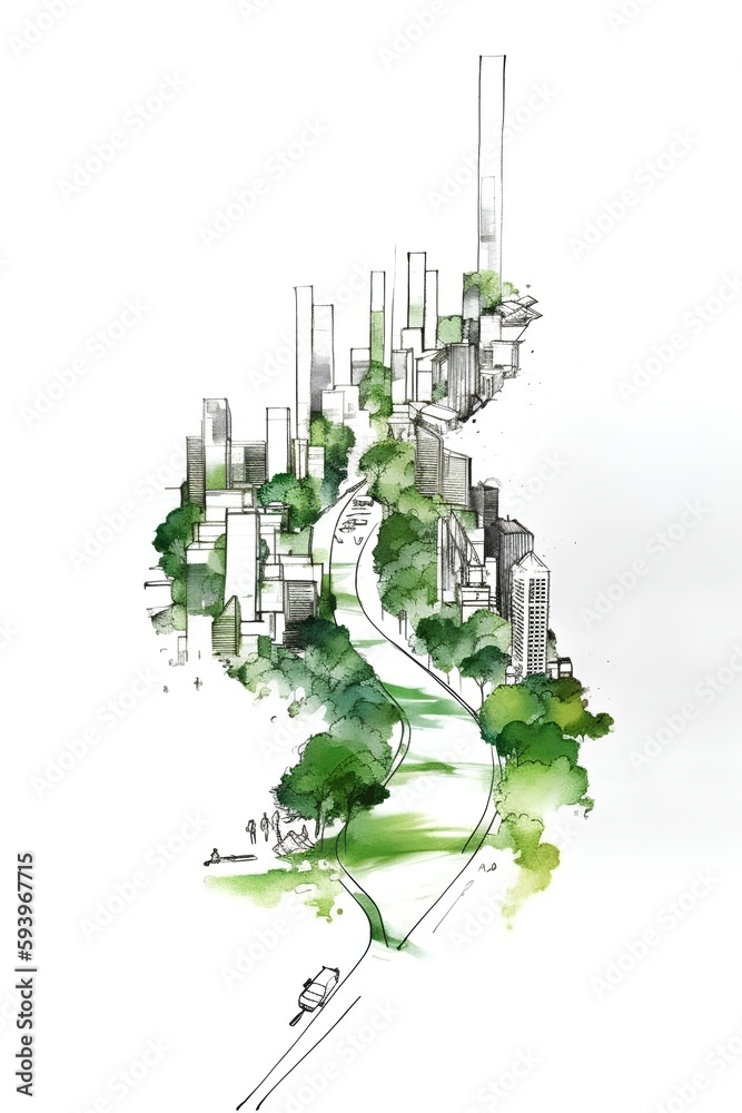 A sketch of an isolated green buildings promoting walkability and clean ...