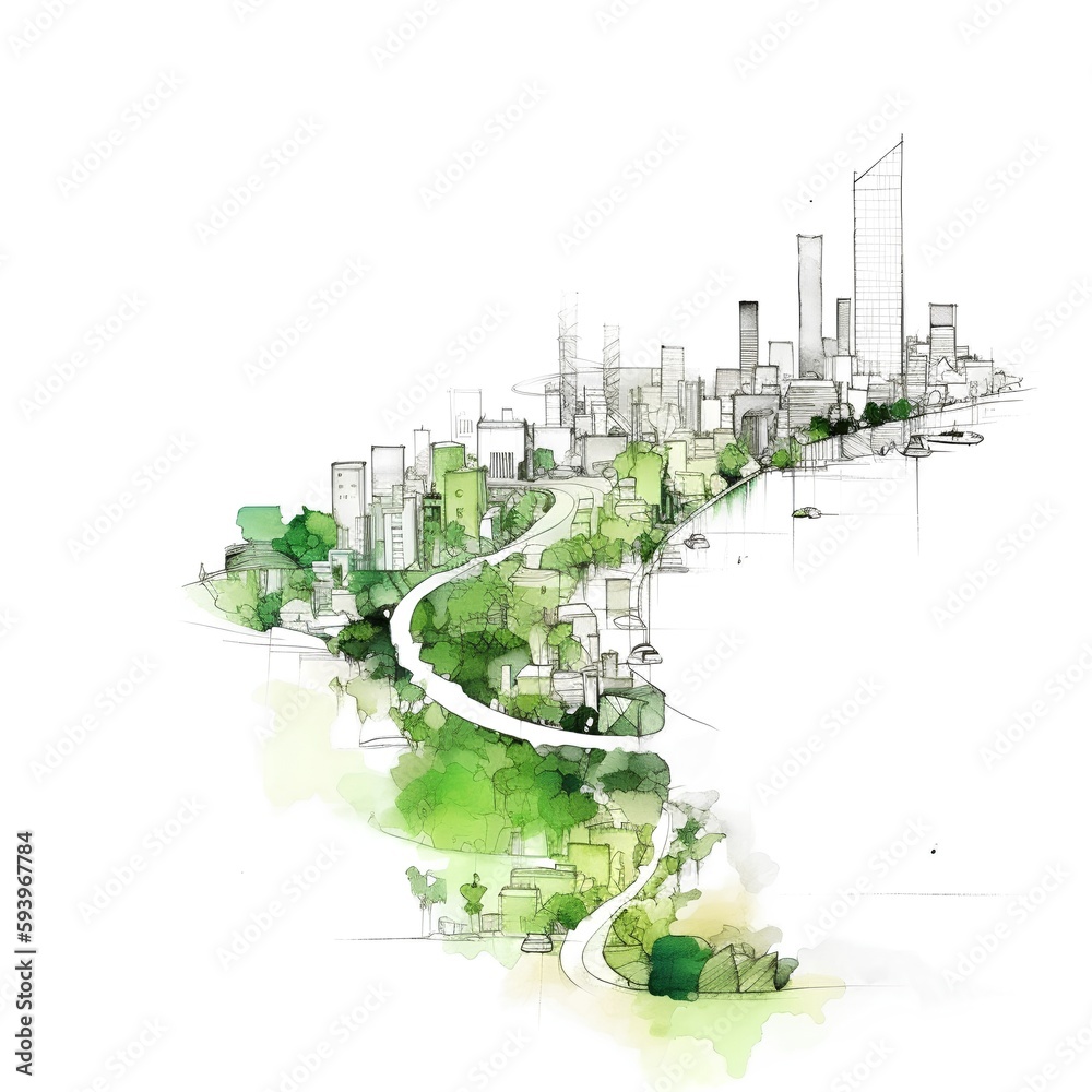A sketch of an isolated green buildings promoting walkability and clean ...