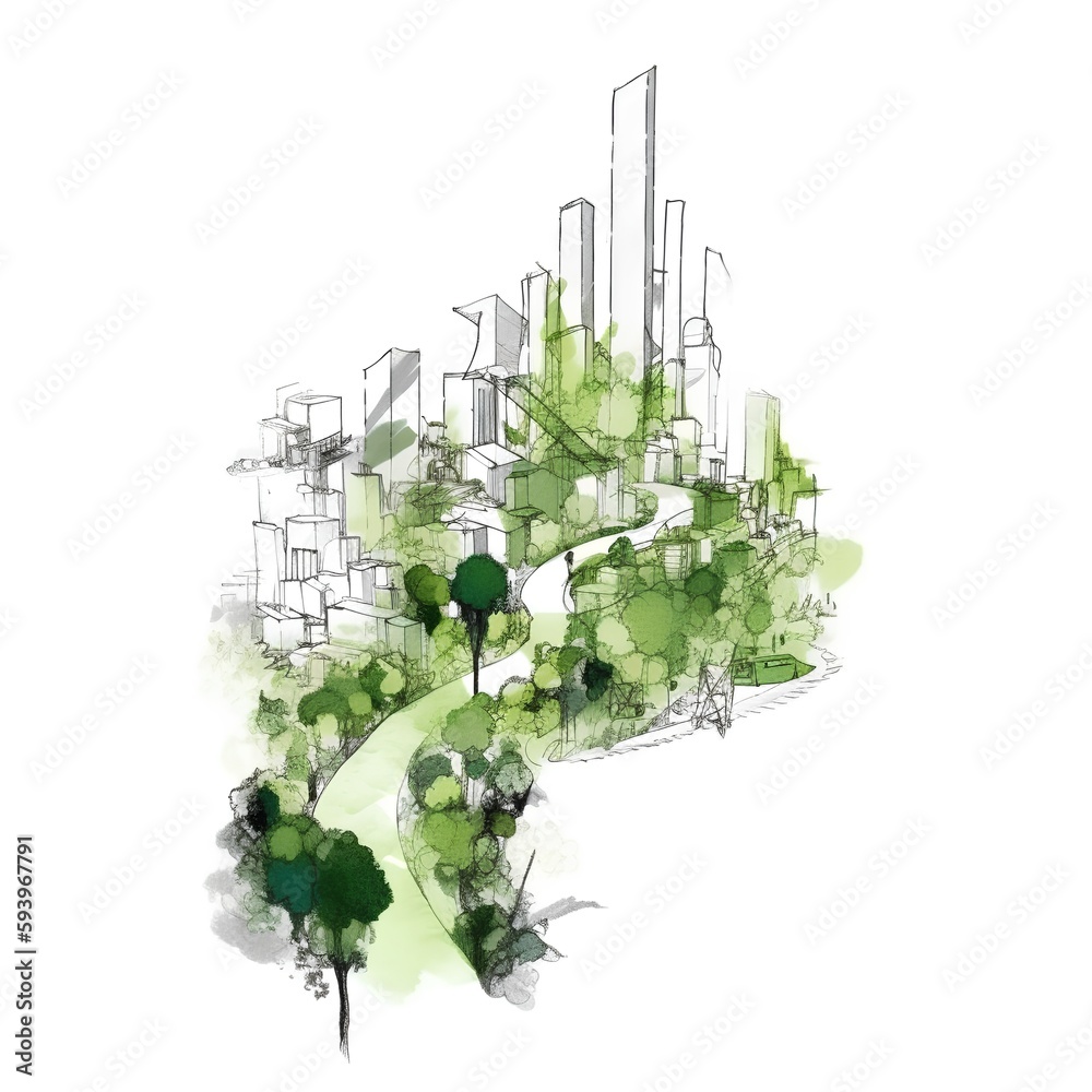 A sketch of an isolated green buildings promoting walkability and clean ...