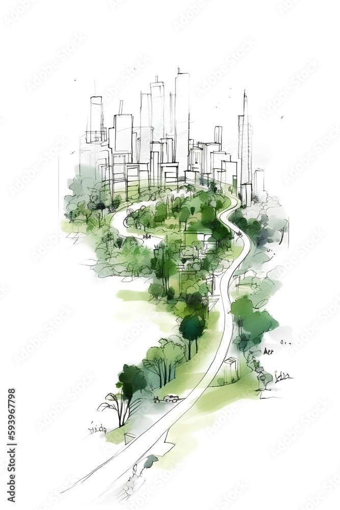 A sketch of an isolated green buildings promoting walkability and clean ...
