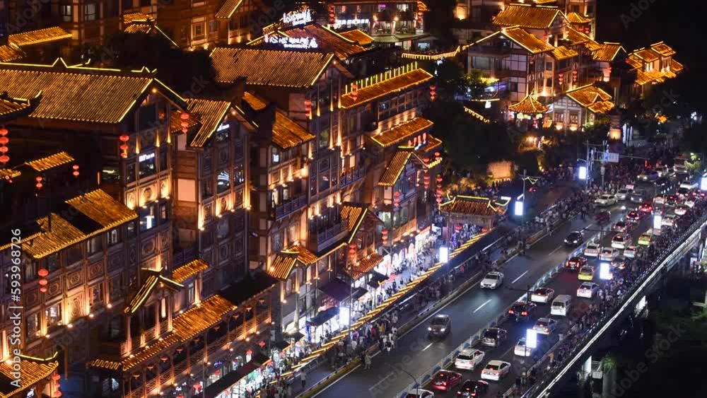Night view of the Hongyadong Cave in Chongqing, China. Hongyadong cave ...