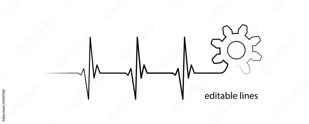 Editable lines heart rhythm illustration with gear wheel, heartbeat ...