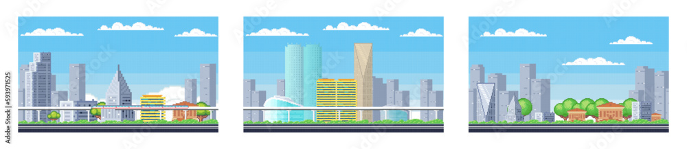 City buildings. Downtown pixelated cityscape set. Scenery skyline ...