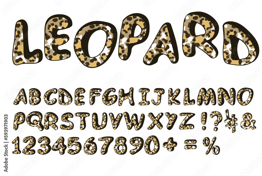 Leopard font. Hand drawn doodle alphabet of wildcats prints. Modern ...