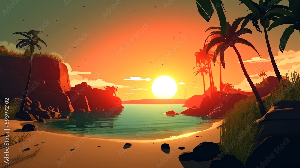 comic sunset at the beach concept art game generative ai Stock ...
