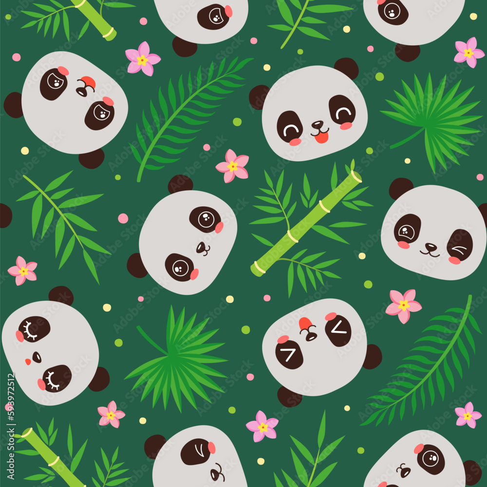 Cute panda seamless pattern. Summer repeat design. Babmoo leaves and ...