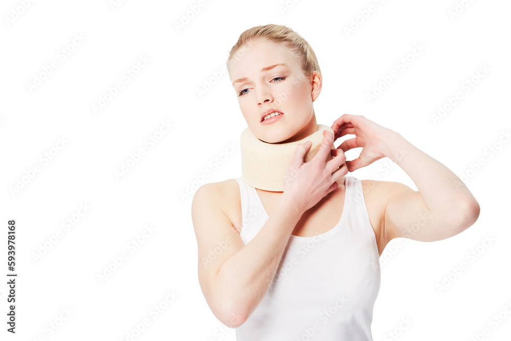 Woman with neck injury, brace and whiplash with accident or medical ...