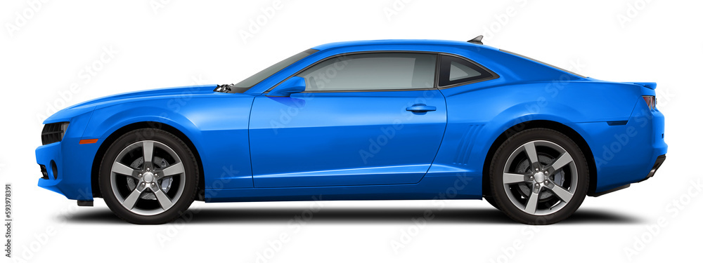 Modern powerful american muscle car in light blue color. Side view on a ...