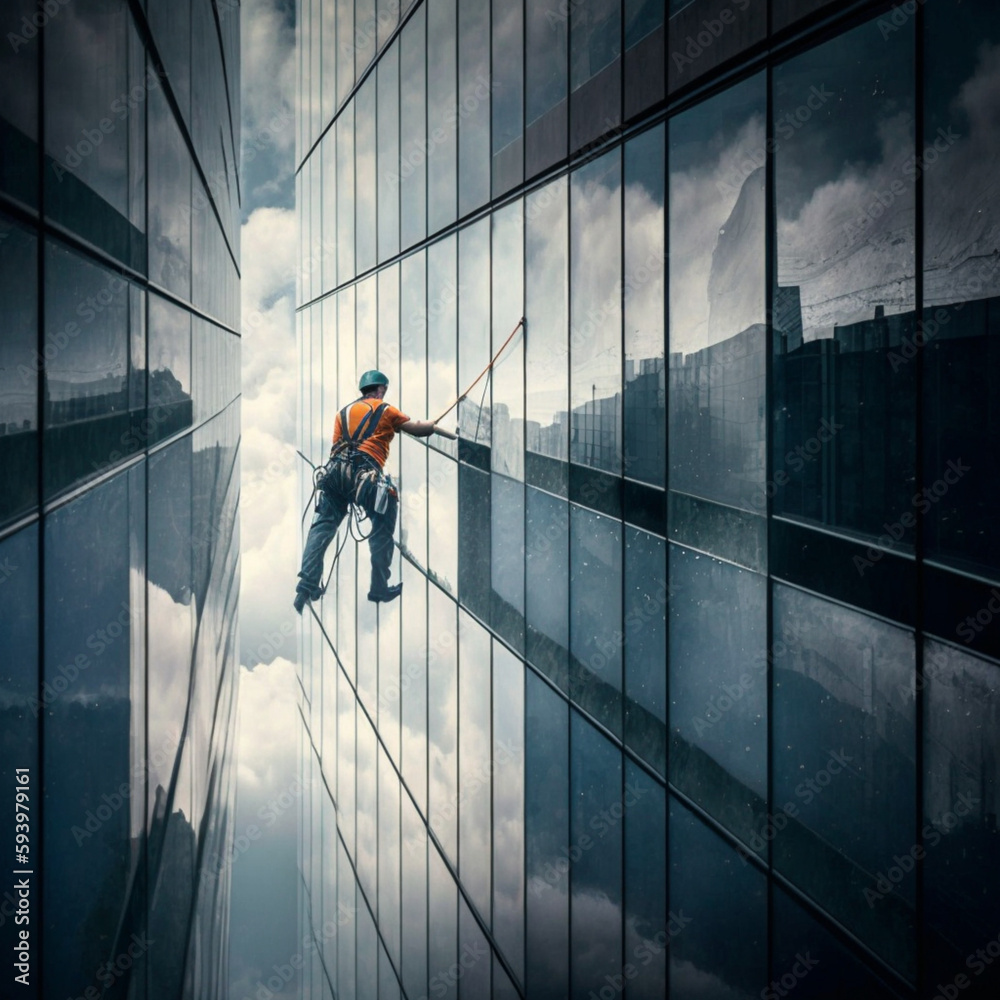Window cleaner cleaning the windows of a skyscraper. Generative AI ...