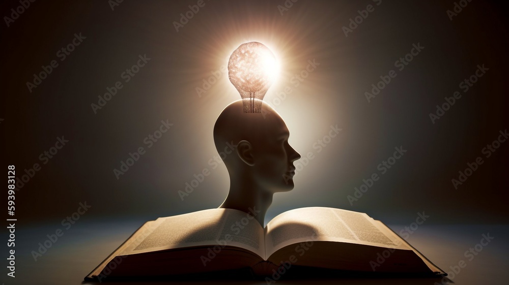 metaphorical head with an open book and a lightbulb. Generative AI ...