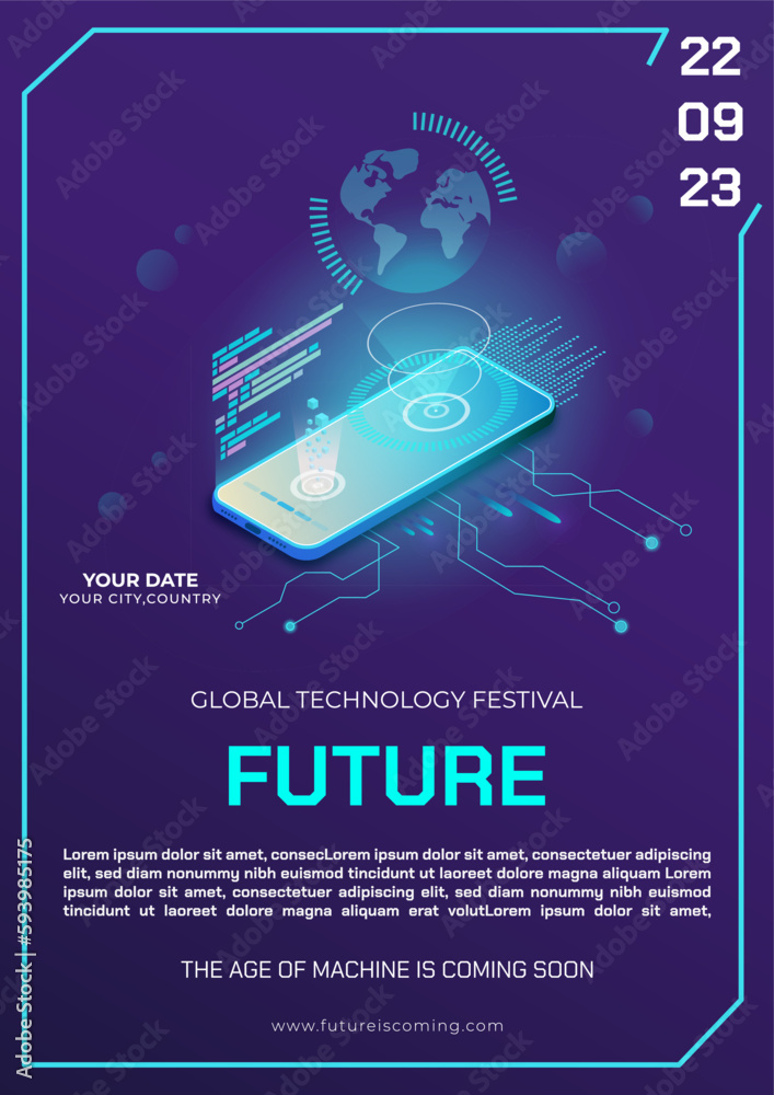 Blue layout futuristic brochure, flyer, placard with isometric mobile phone and hi-tech elements ...
