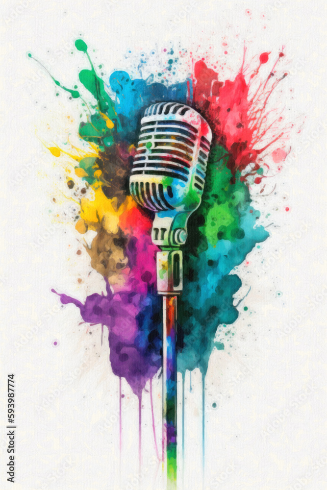 microphone on colorful splashes watercolor illustration painting ...