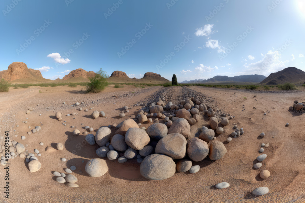 8K HDRI map, landscape with hills, stones, rocks, pebbles, sand and ...