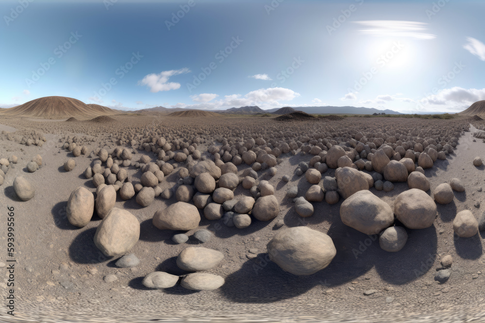 8K HDRI map, landscape with hills, stones, rocks, pebbles, sand and ...