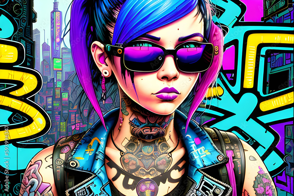 AI generated cyberpunk graffiti illustration of girl, wearing ...