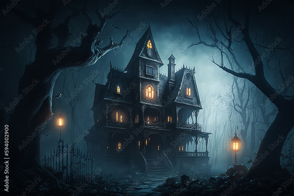 Old creepy haunted house at foggy night, Halloween composition, ai ...