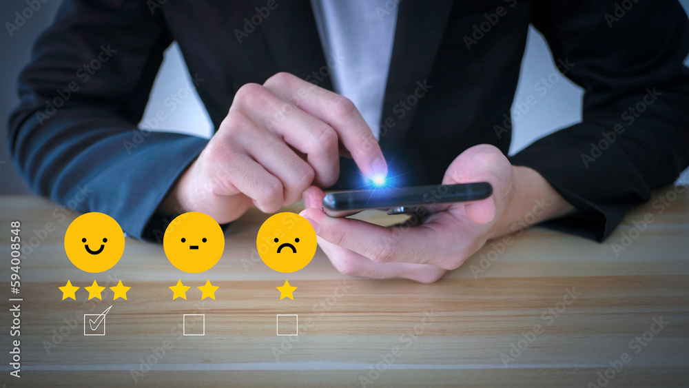 Customer service evaluation concept. smiling Asian female Is using a ...