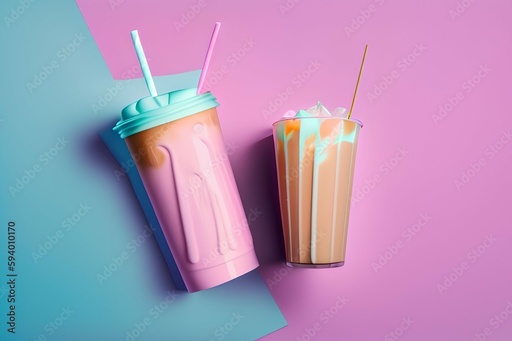 Clear plastic cup of iced coffee latte on pastel pink table over pastel ...