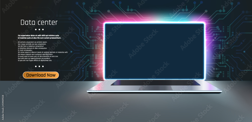 screen and a desk in a dark room with blue lighting. Technological ...