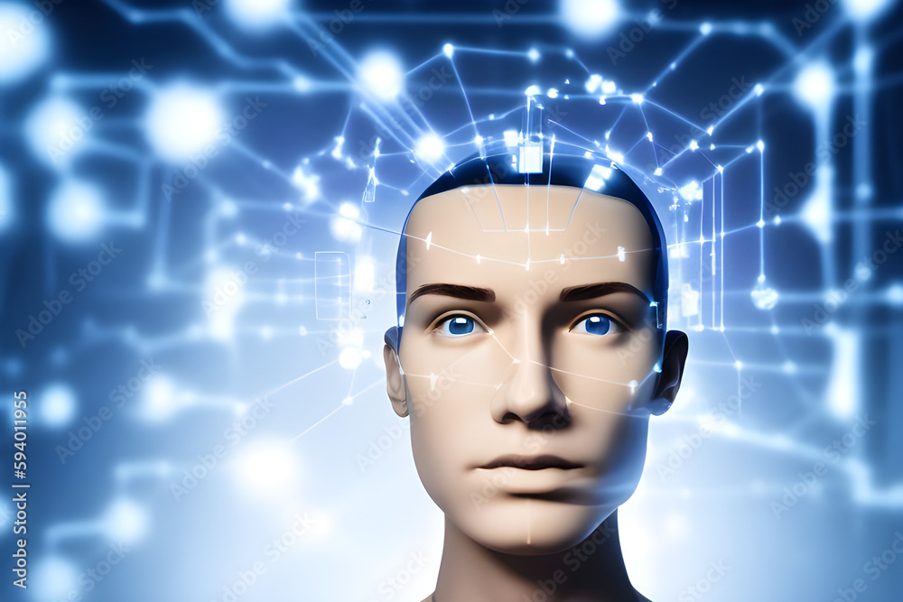 Human male face with abstract web texture. artificial intelligence ...