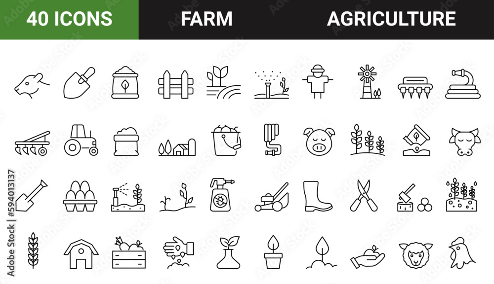 Set of 40 line icons related to farm, farming, gardening, agriculture ...