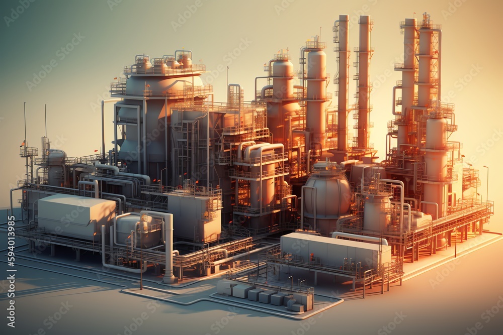 3D oil industry concept with onshore/offshore work, refinery plants ...