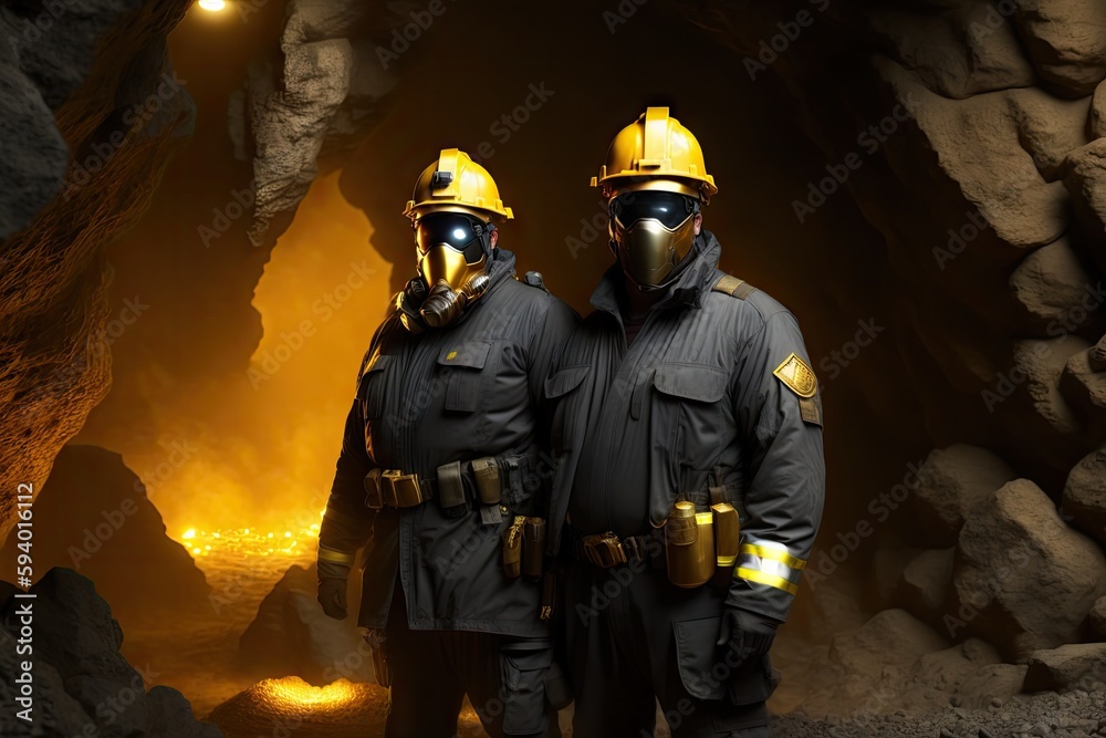 Mines rescue in underground cave. Rescuers control mining safety ...