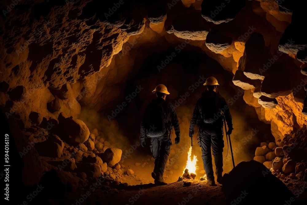 Mines rescue in underground cave. Rescuers control mining safety ...