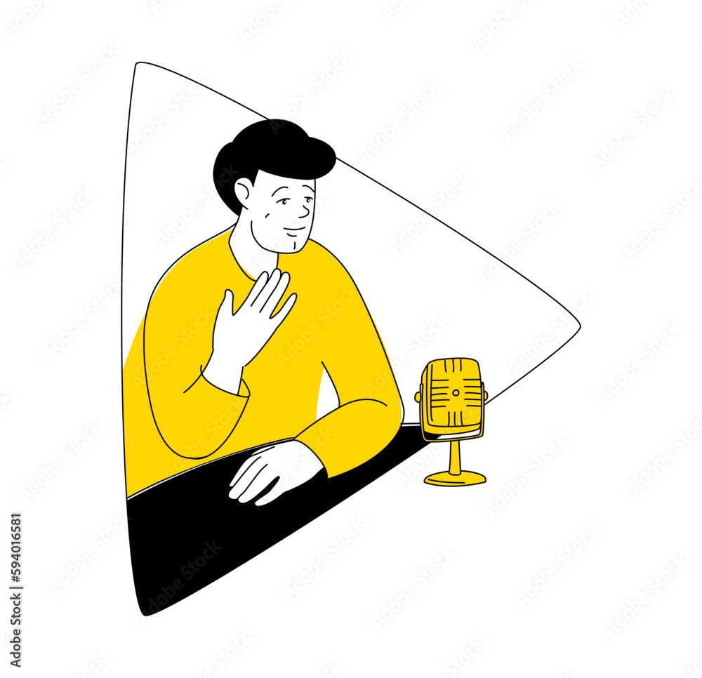 Radio host doodle drawing. Female podcaster speaking to mic microphone ...