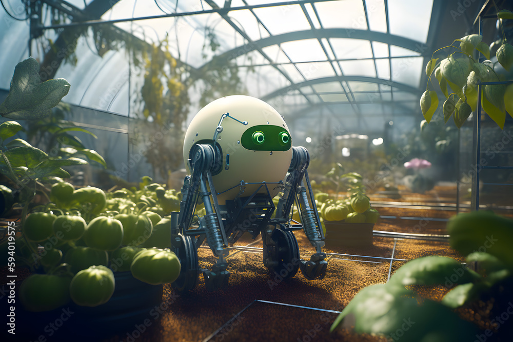 Robot Droid Humanoid For Care Cultivation By Watering With Fertilizer Vegetables In Greenhouse