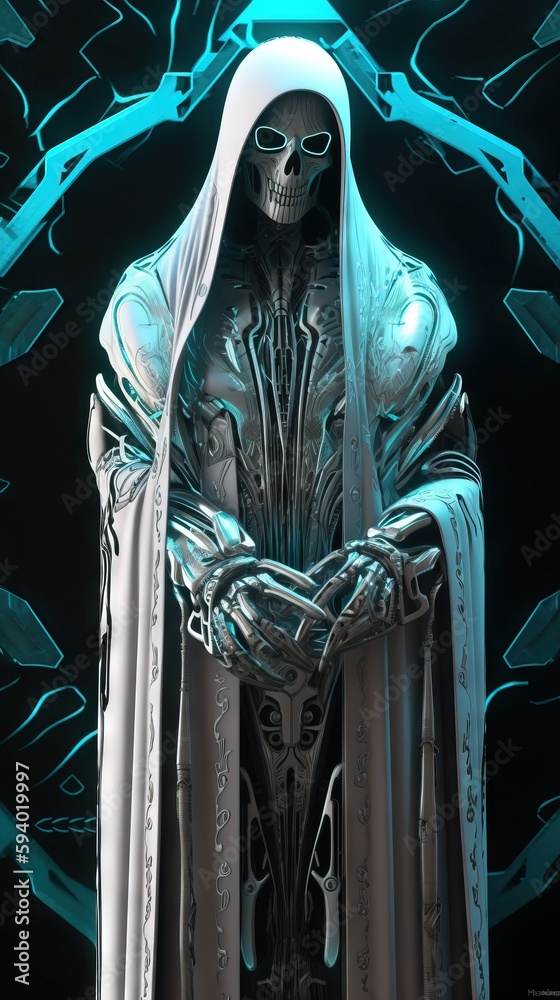 a skeleton dressed in a white robe with a hood on and arms crossed in ...