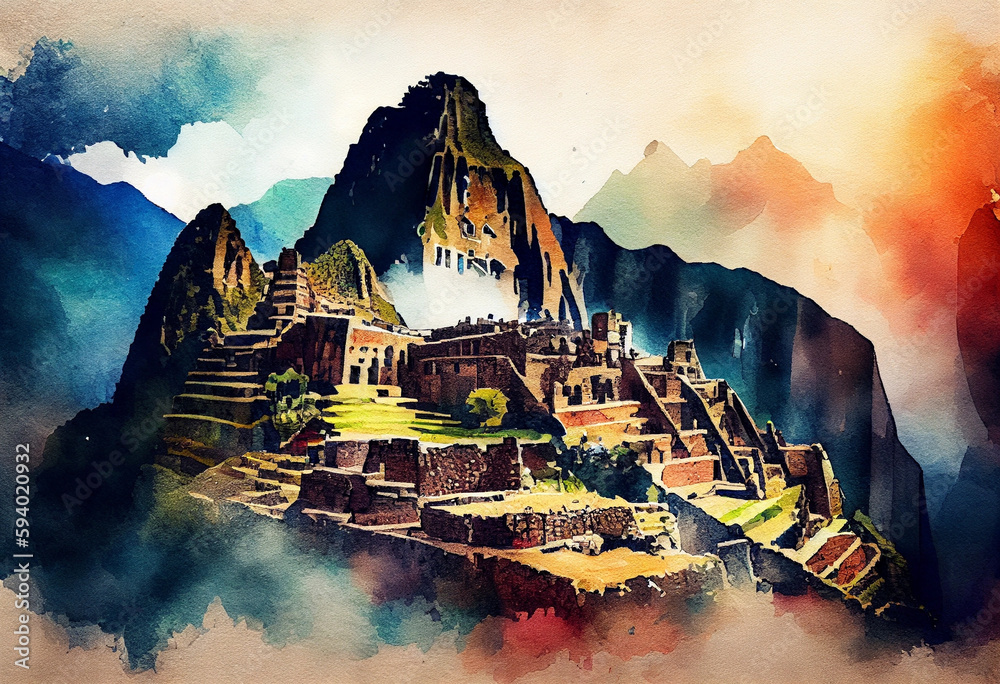 The Machu Picchu citadel in Peru, surrounded by misty watercolor ...